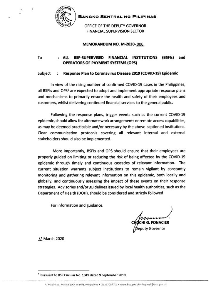 BSP MEMORANDUM No. M-2020-006: Response Plan to Coronavirus Disease ...